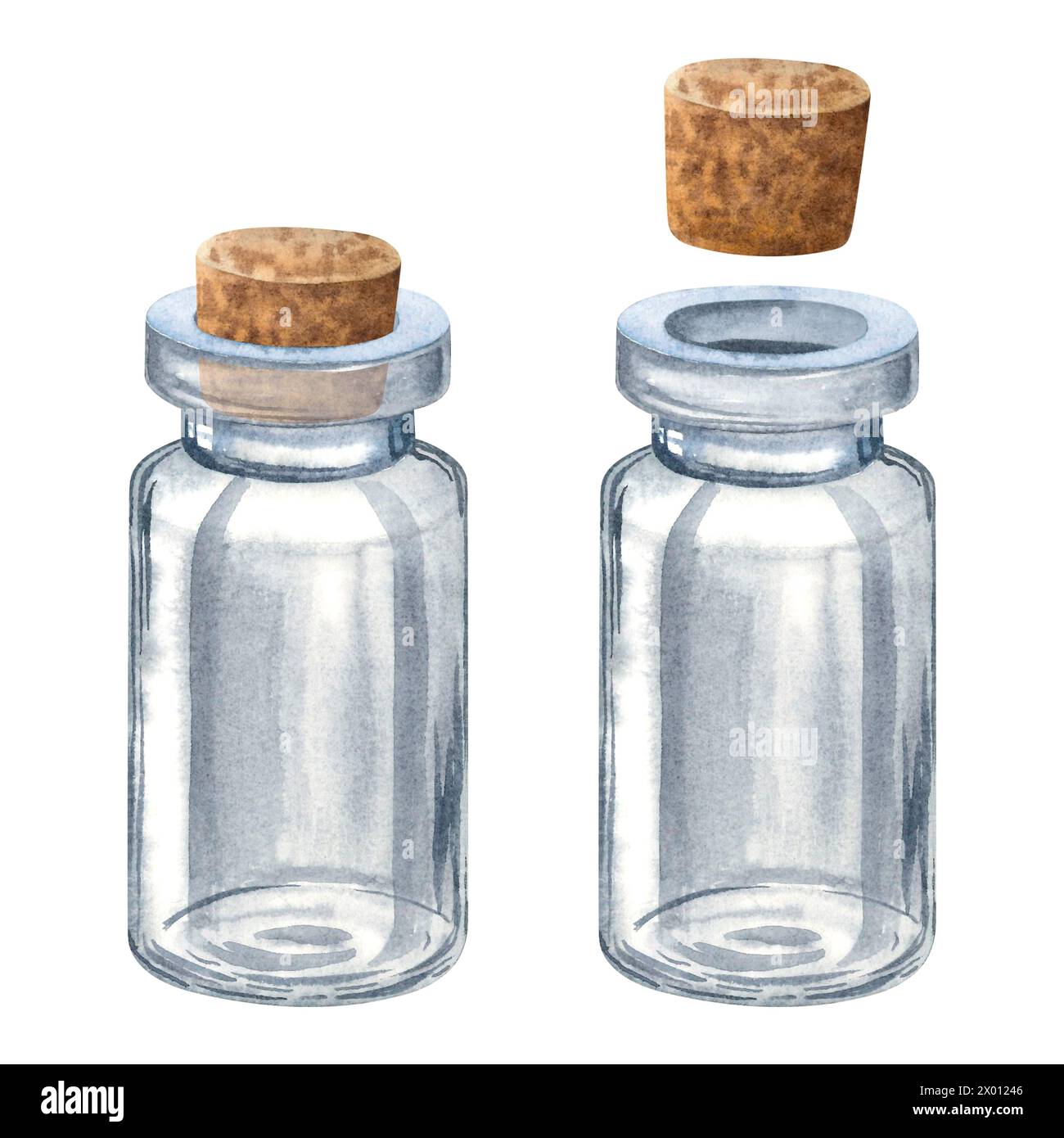 Two miniature clear glass empty bottles with wooden stopper. Hand drawn ...