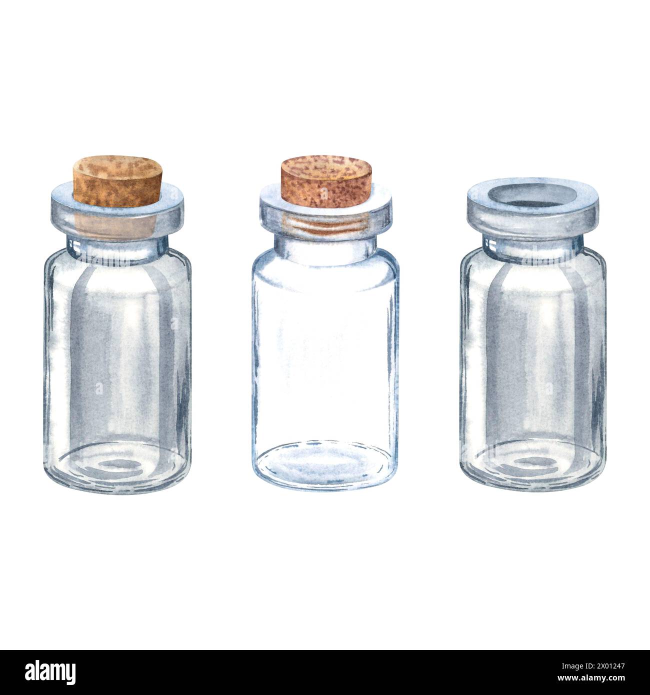 Three miniature clear glass empty bottles with wooden stopper. Hand ...