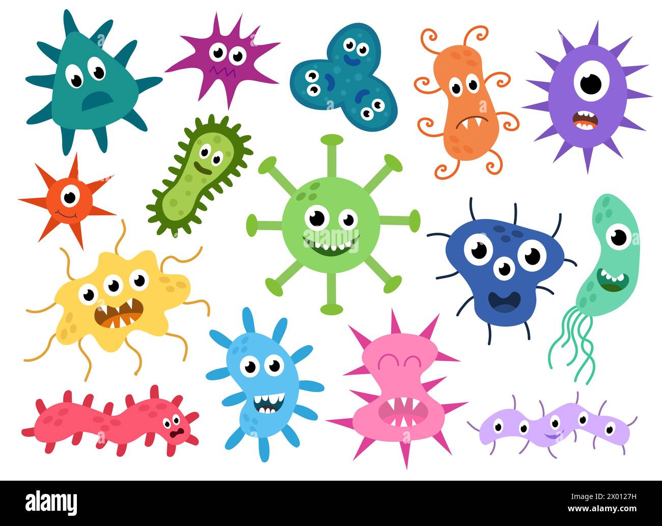 Cute cartoon characters virus, bacteria, microbe, germs set ...
