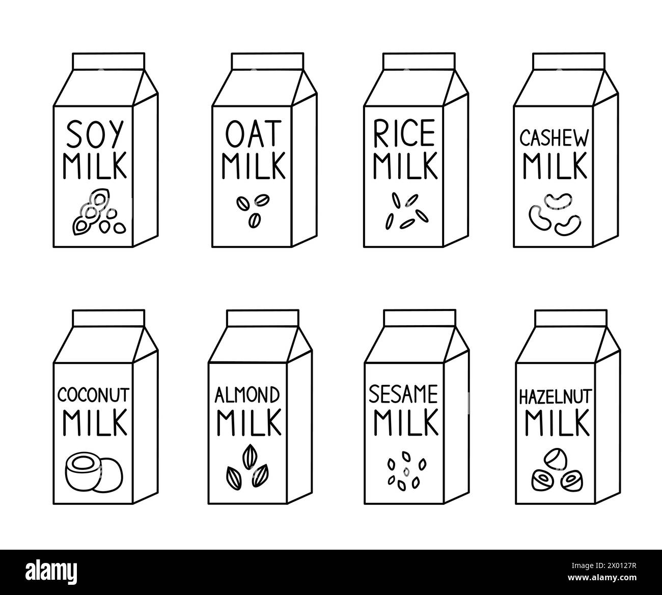 Vegan milk set. Almond, soy, rice, coconut, cashew, oat, almond, sesame ...