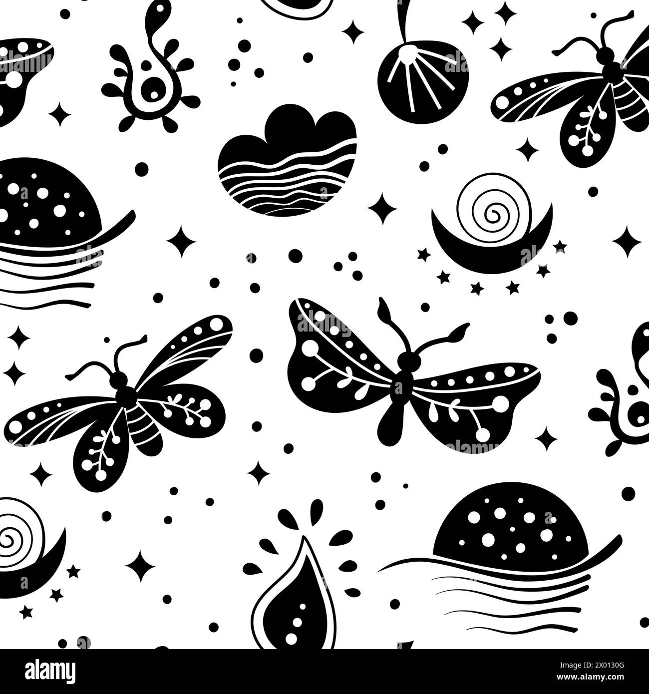 Seamless neo folk art vector pattern with butterfly, moth and flowers ...