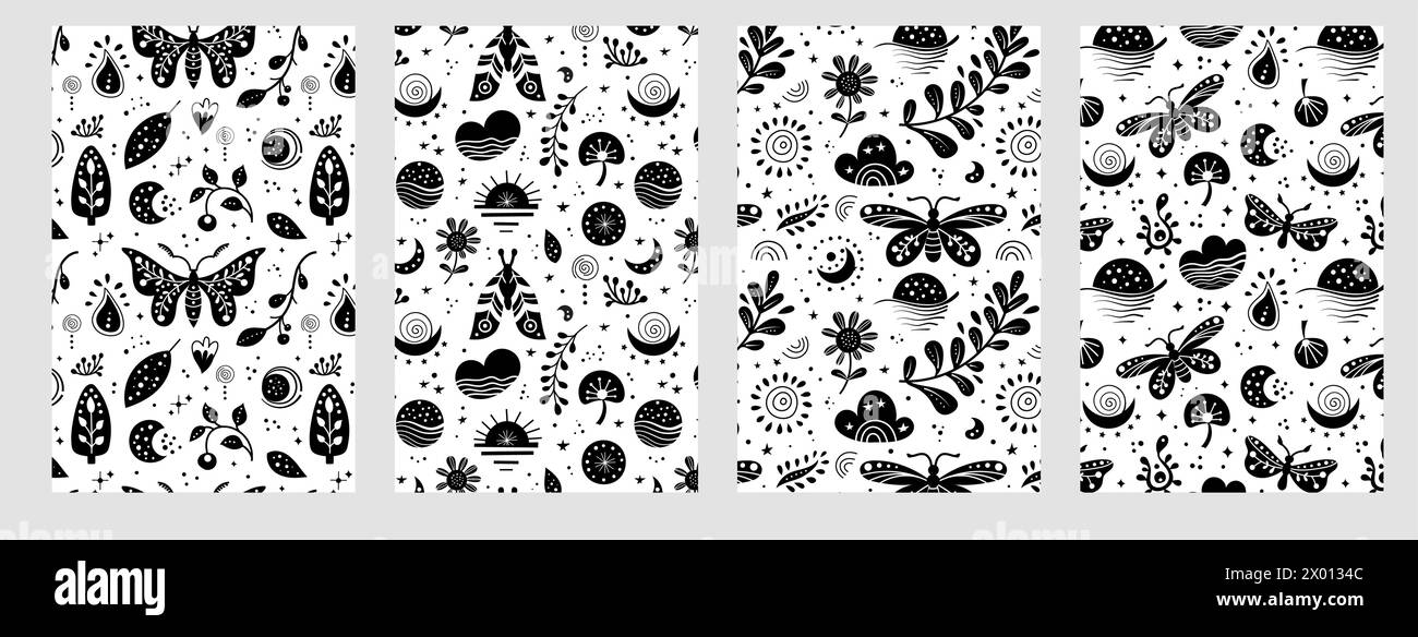 Seamless neo folk pattern with butterfly, moth and flowers, black and ...