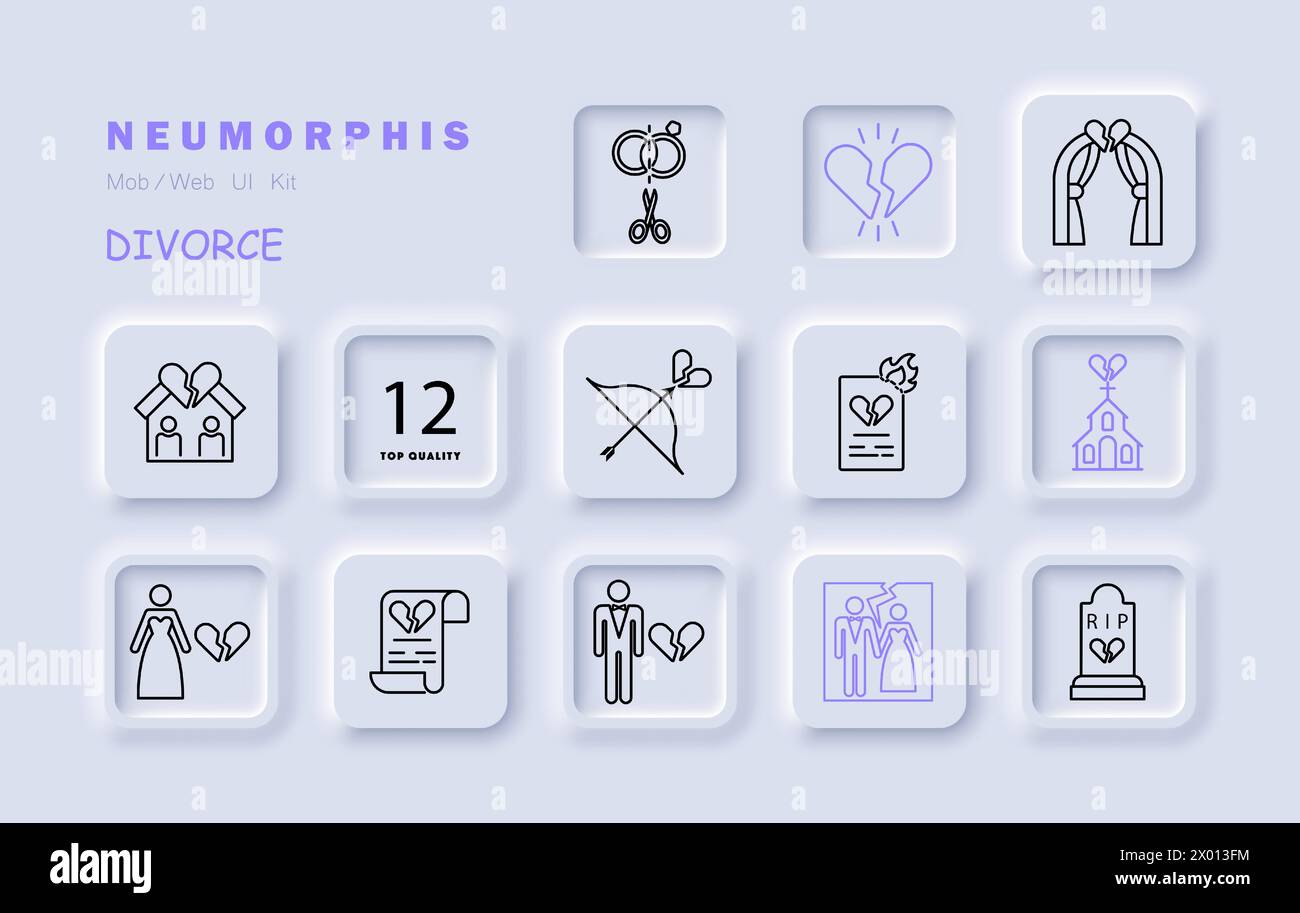 Divorce set icon Document, broken heart, burning paper, breakup ...