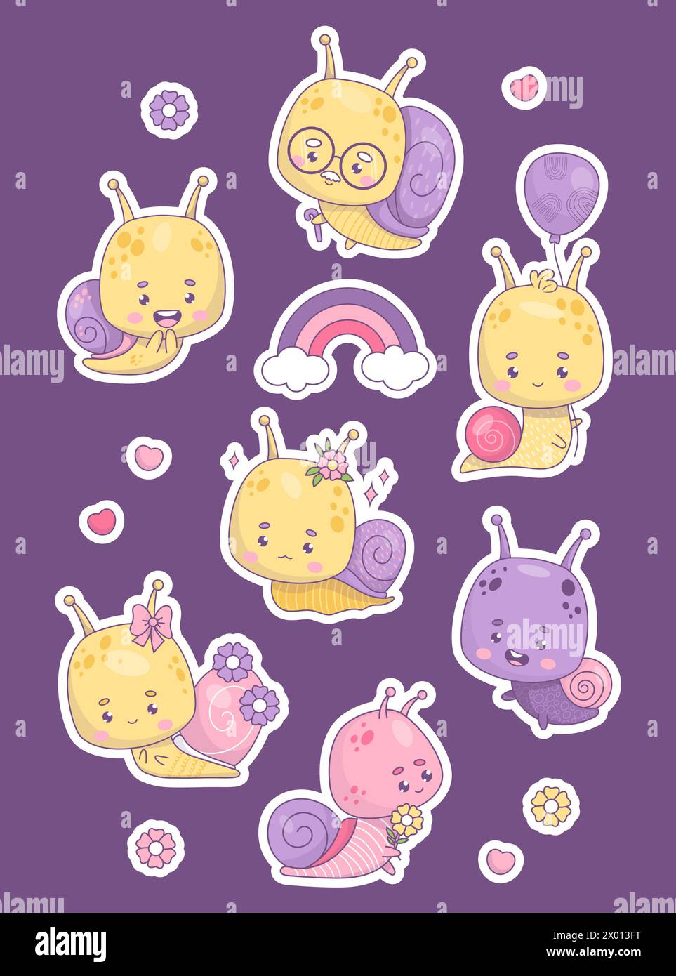 Sticker collection Funny snail character. Comic kawaii insect with ...