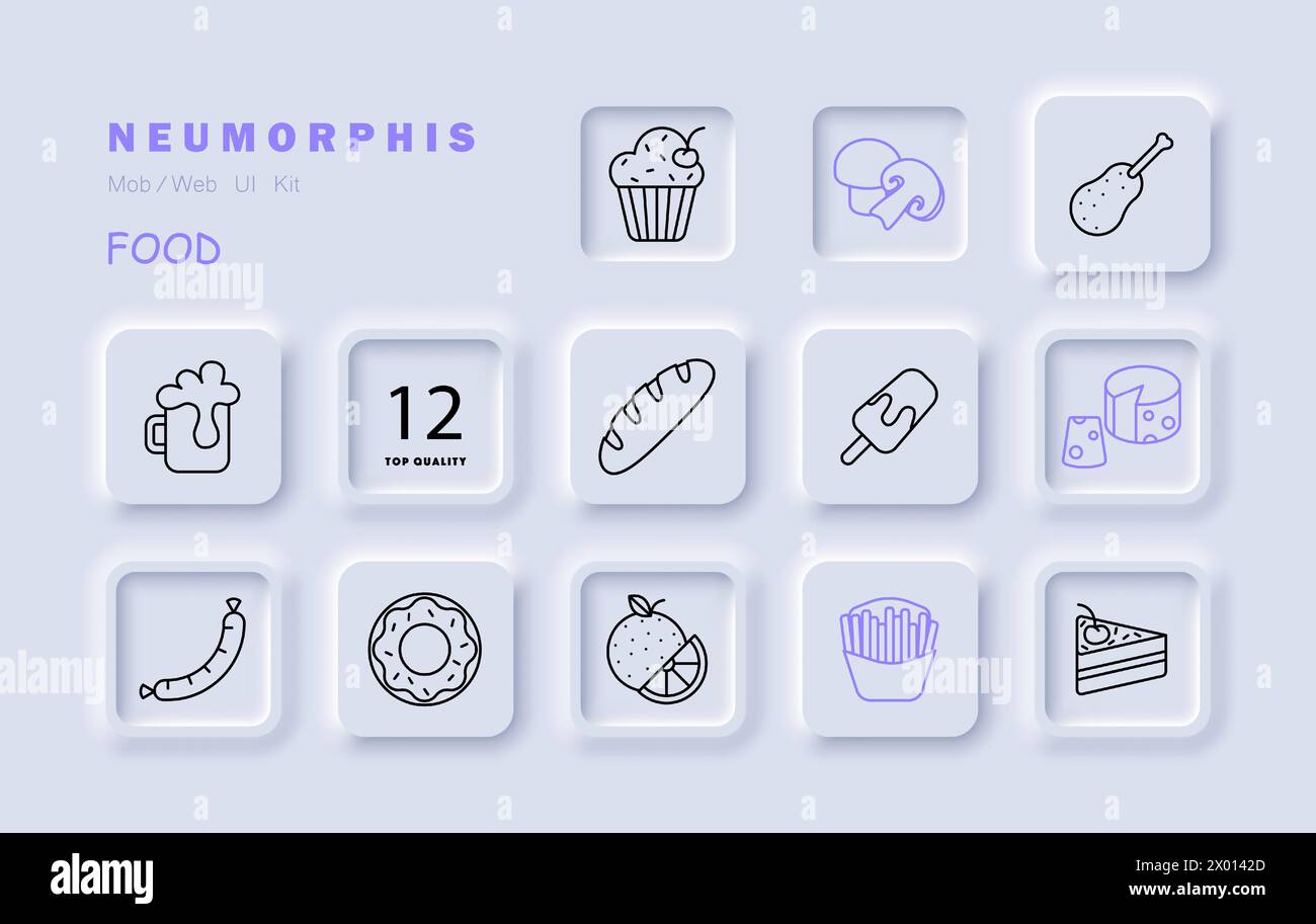 Delicacy set icon Mushrooms, cheese with holes, cupcake, baguette, ice ...