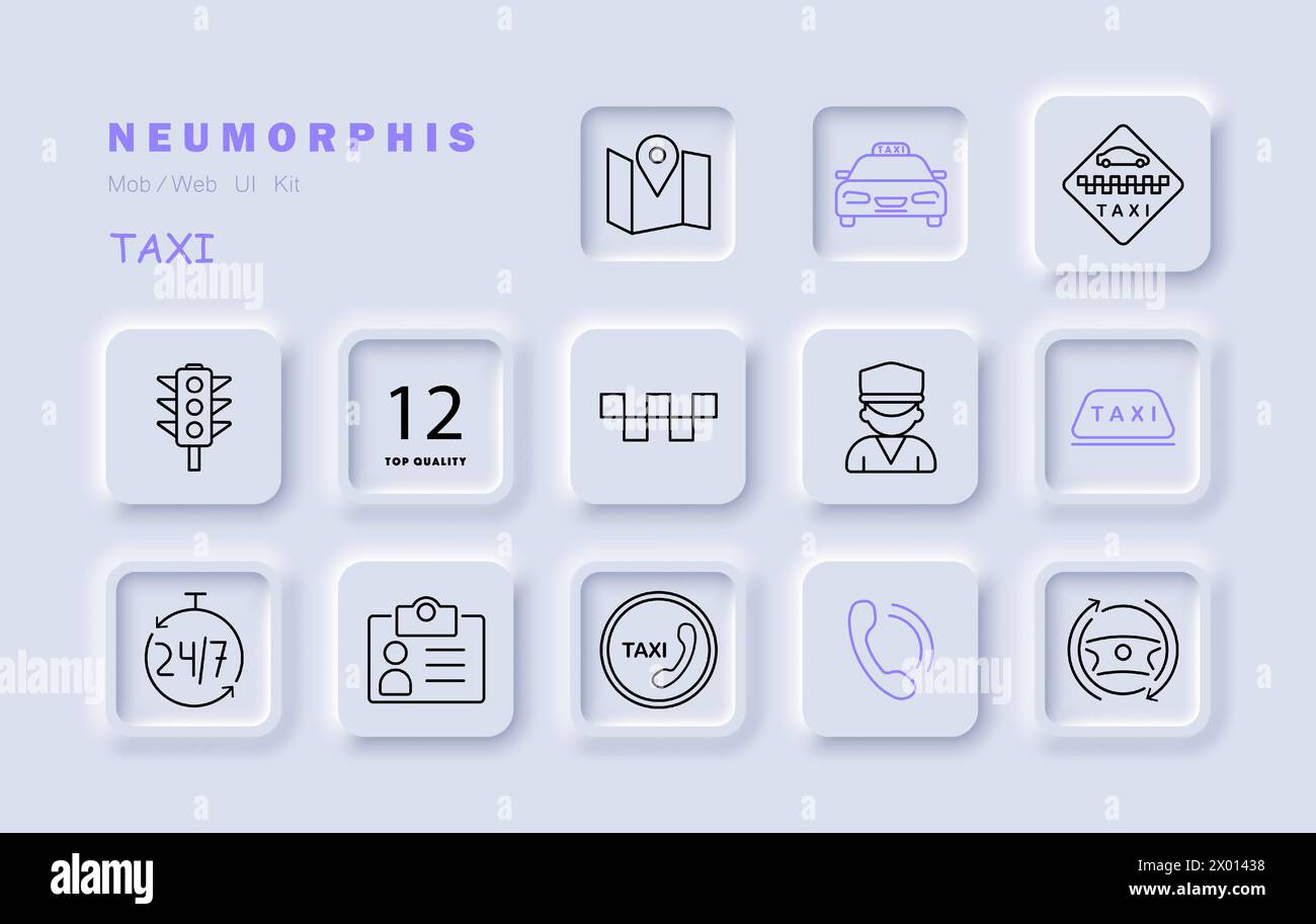 Taxi icon set. ID card, passport, data, phone, call, silhouette, driver ...