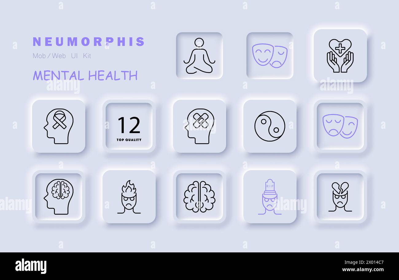 Mood icon set. Theater masks, smile, anger, yin yang, man, brain, fire ...