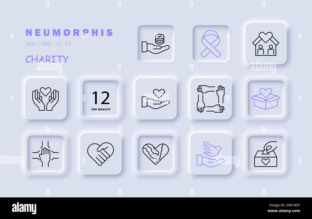 Donations icon set. Ribbon, fight cancer, hands, heart, offer, box ...