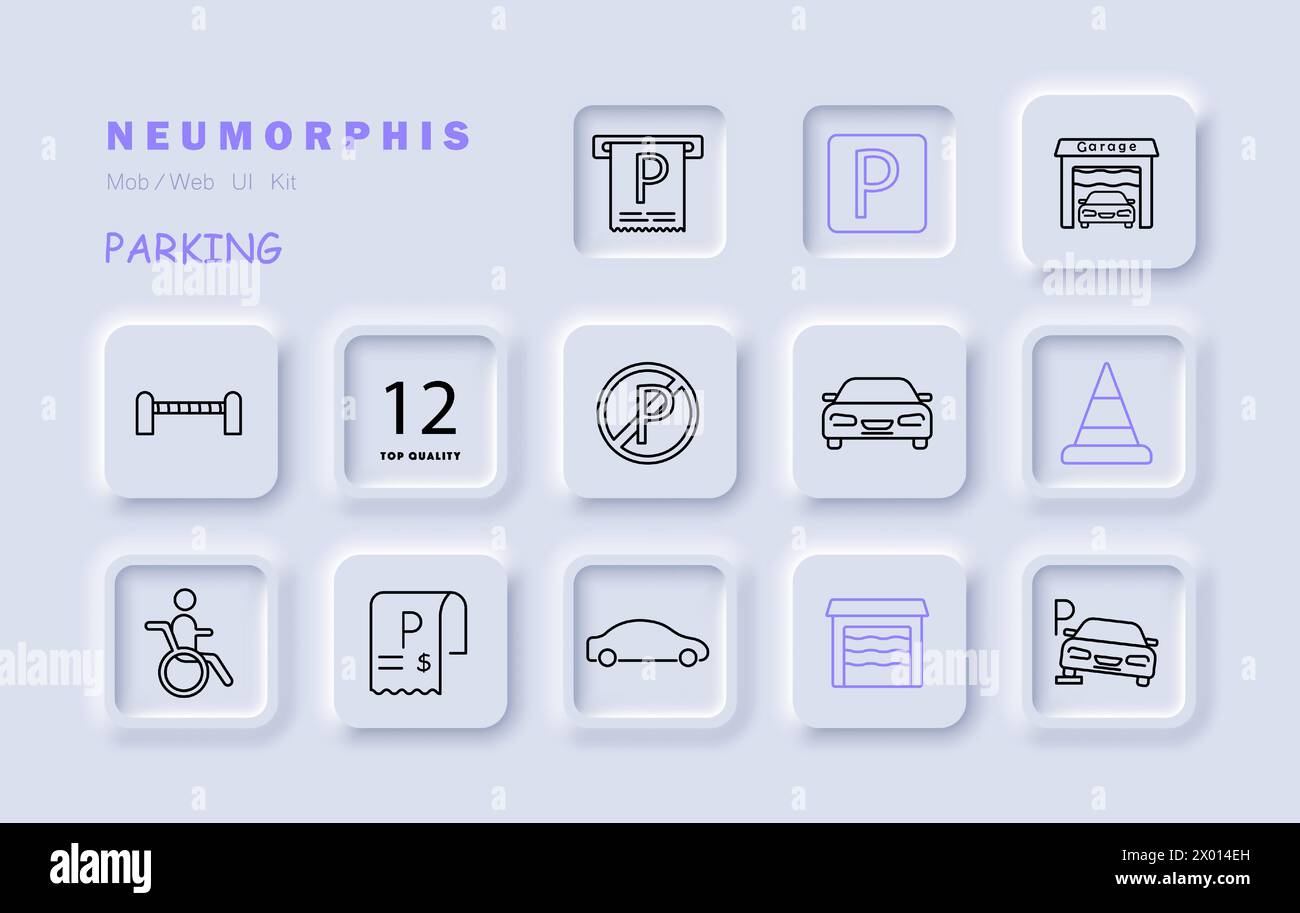 Tax, parking set icon Garage, check, invoice, machine, car, ban, fence ...