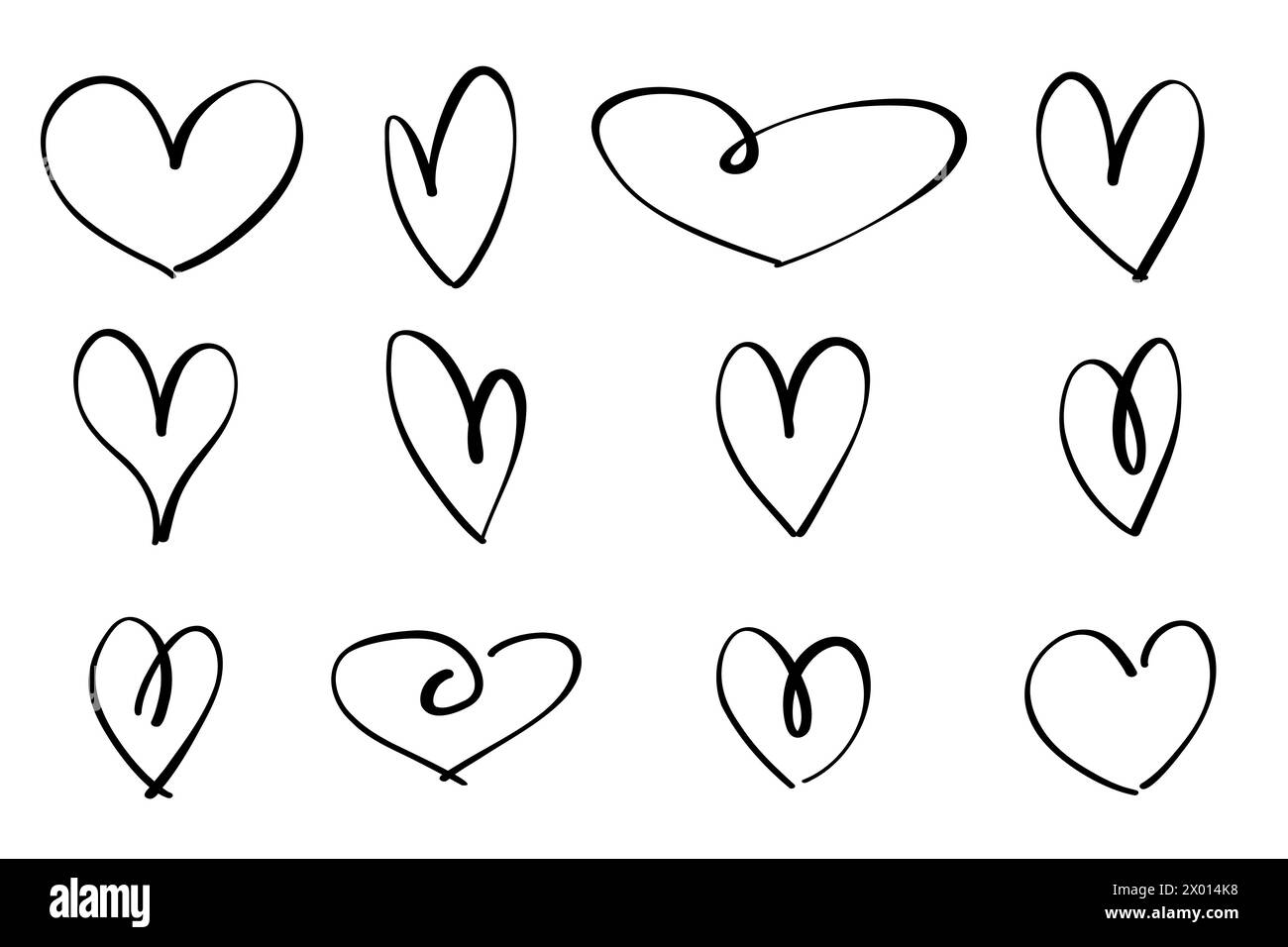 A set of twelve hand-drawn hearts. Hand drawn rough heart marker ...