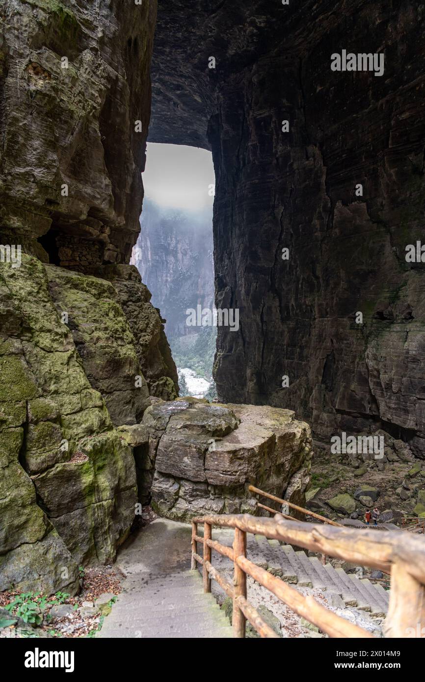 Panorama of the gorge valley and karst limestone rock formations in ...
