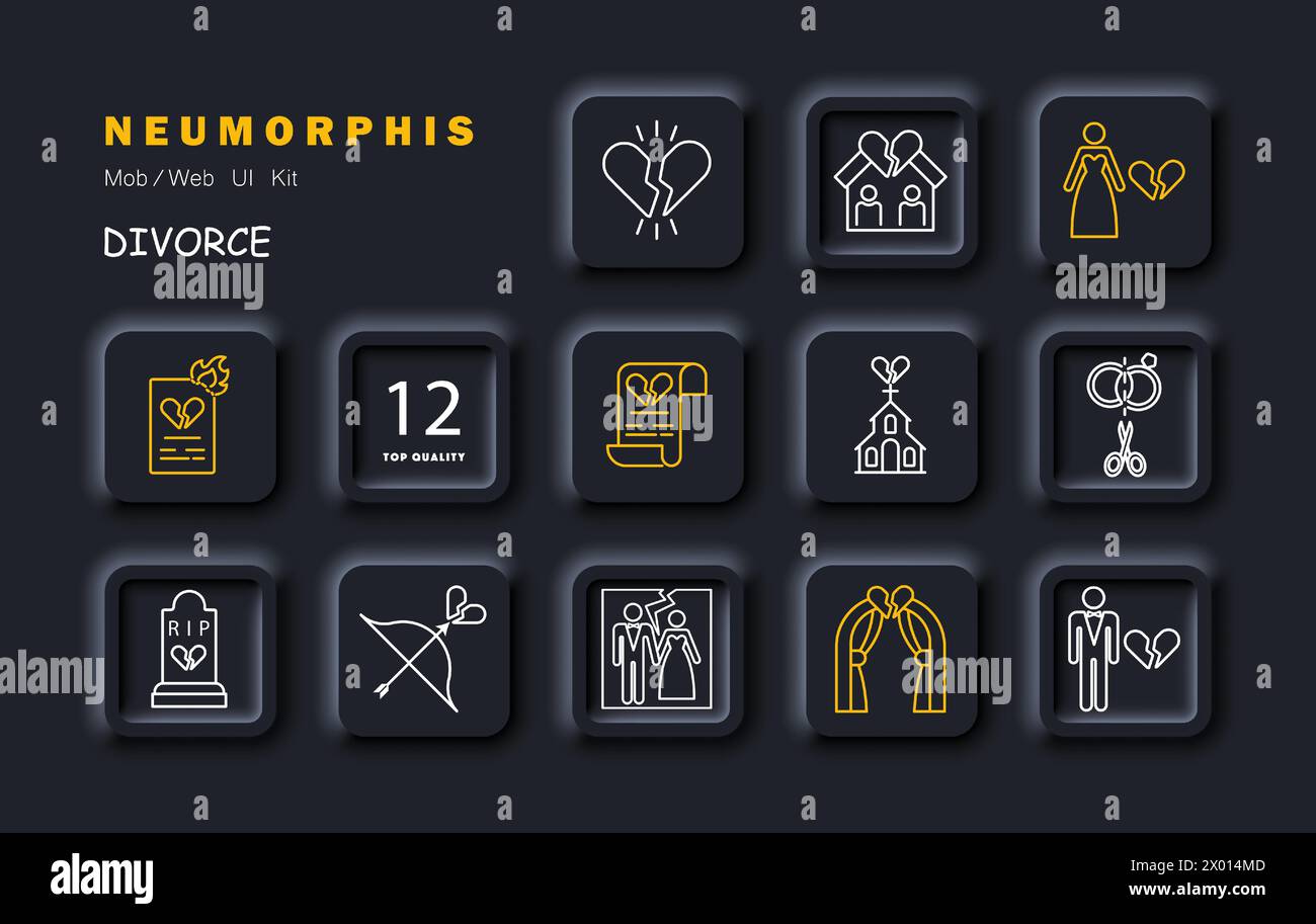 Divorce set icon Document, broken heart, burning paper, breakup ...
