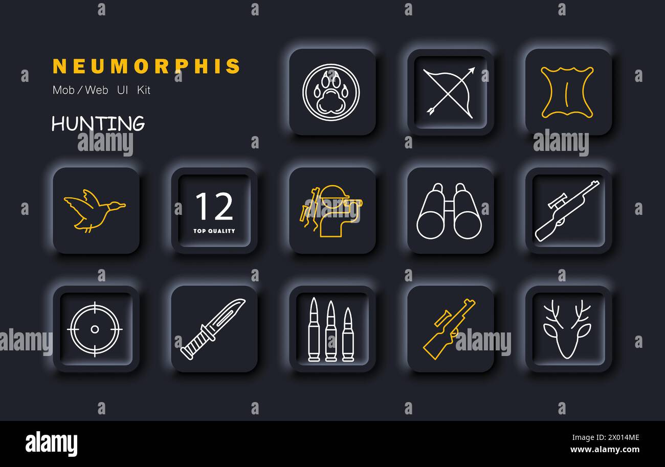 Chase set icon Bear paw badge, rifle, bow, deer, skin, knife, bullet ...