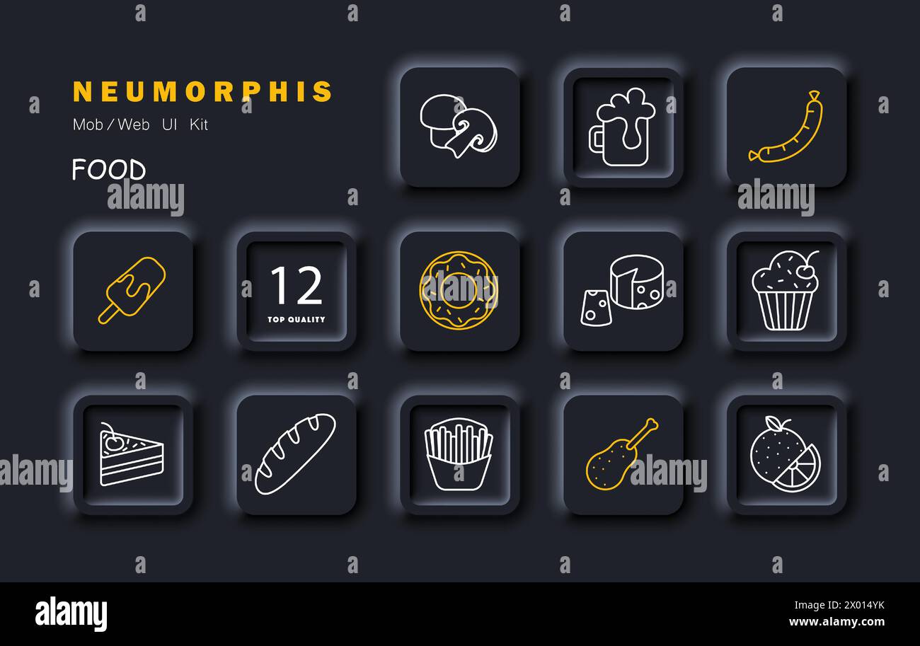 Delicacy set icon Mushrooms, cheese with holes, cupcake, baguette, ice ...