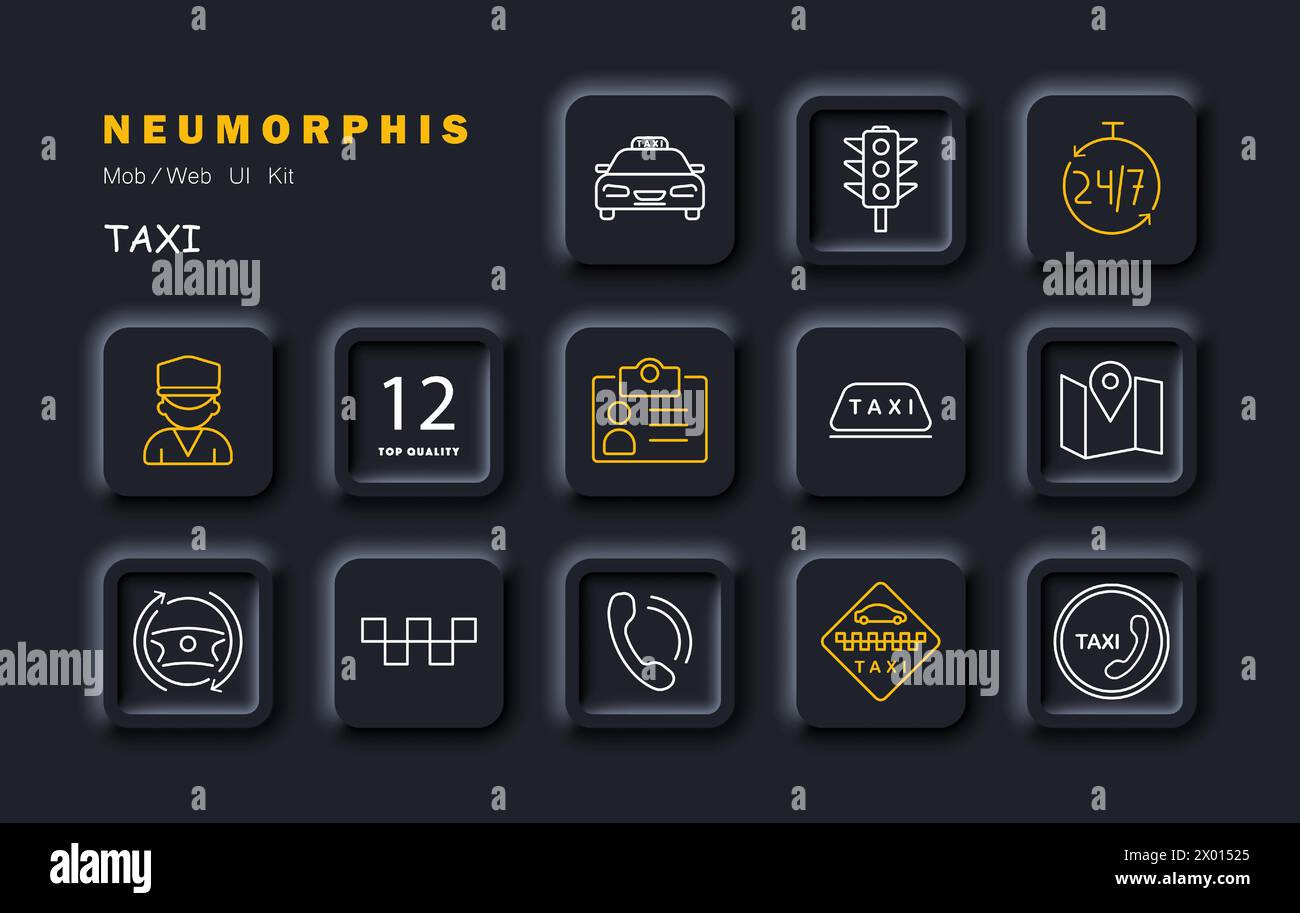 Taxi icon set. ID card, passport, data, phone, call, silhouette, driver ...