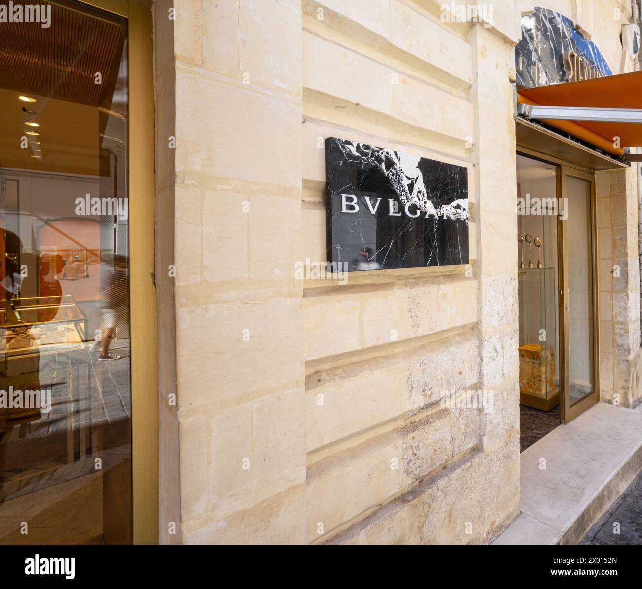 Valletta, Malta, April 03, 2024. The bulgari luxury brand sign in a ...