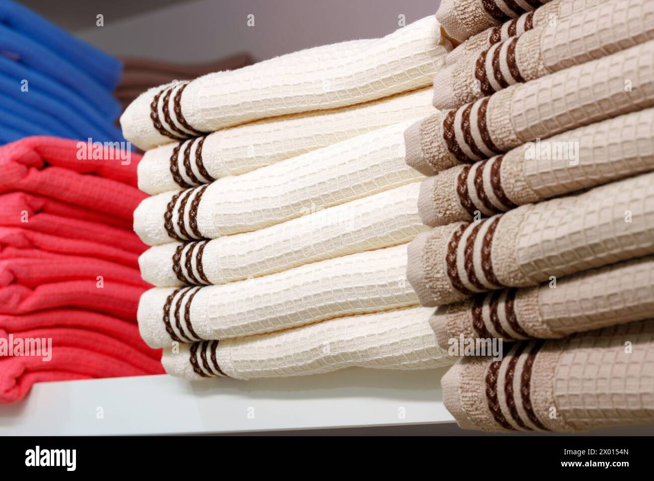 Stack of Neatly Folded White Towels on a Retail Store Shelf Stock Photo ...