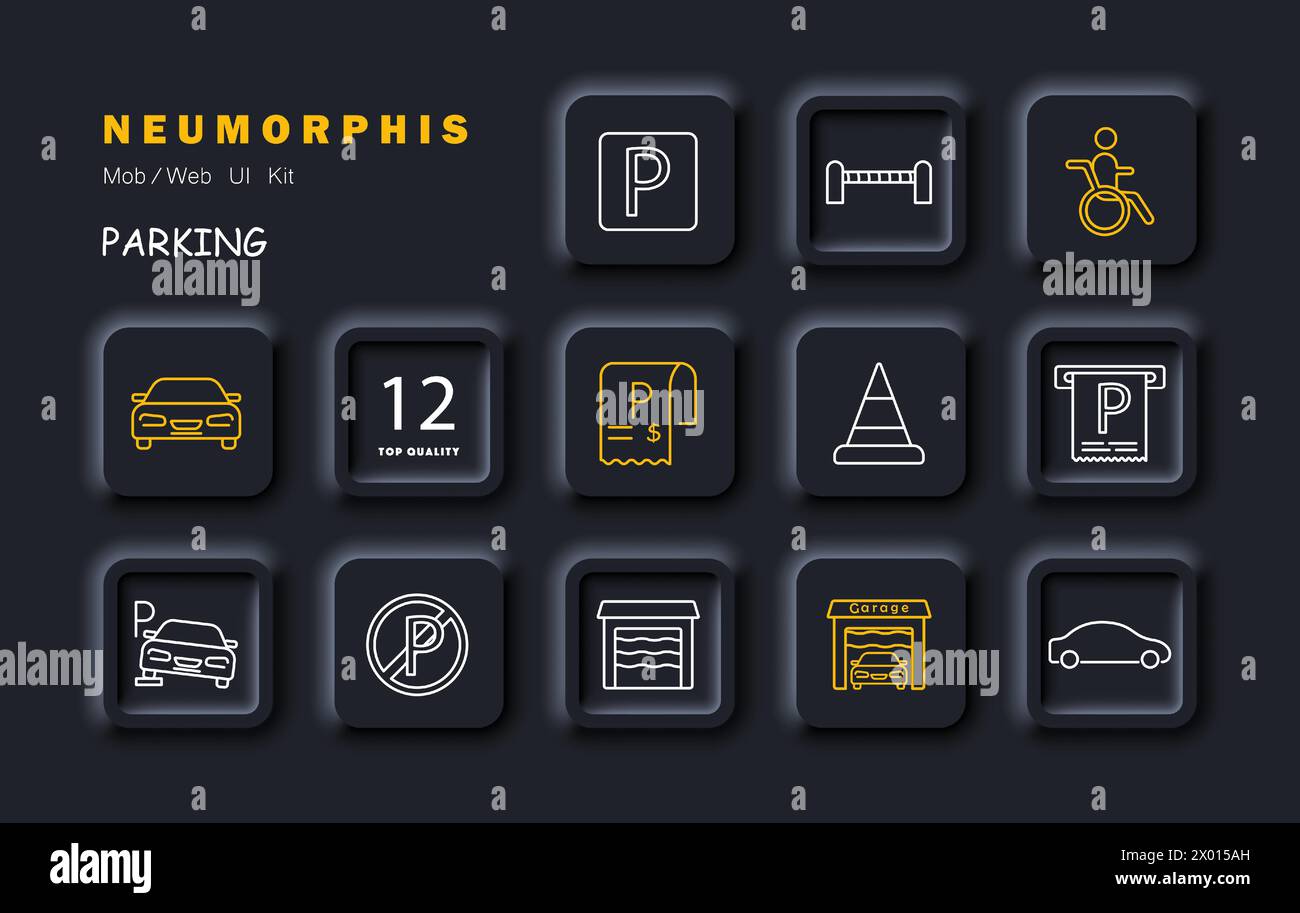 Tax, parking set icon Garage, check, invoice, machine, car, ban, fence ...