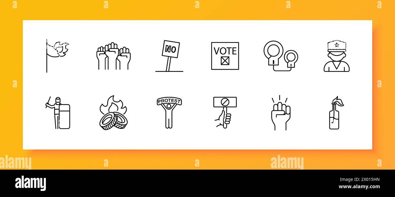 Uprising icon set. Flag, fire, banner, no, ban, handcuffs, police ...