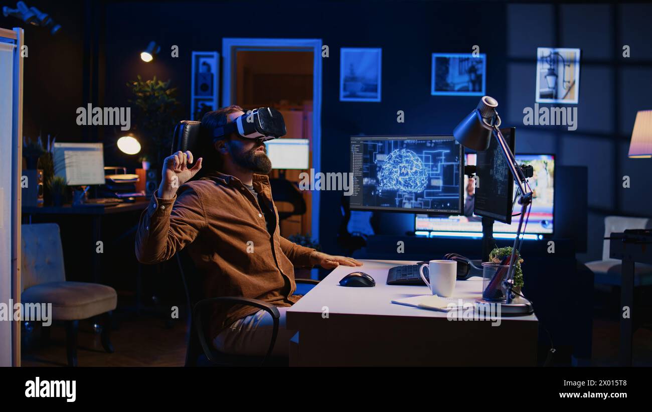 Developer wearing VR headset panicking after AI mind gains sentience ...