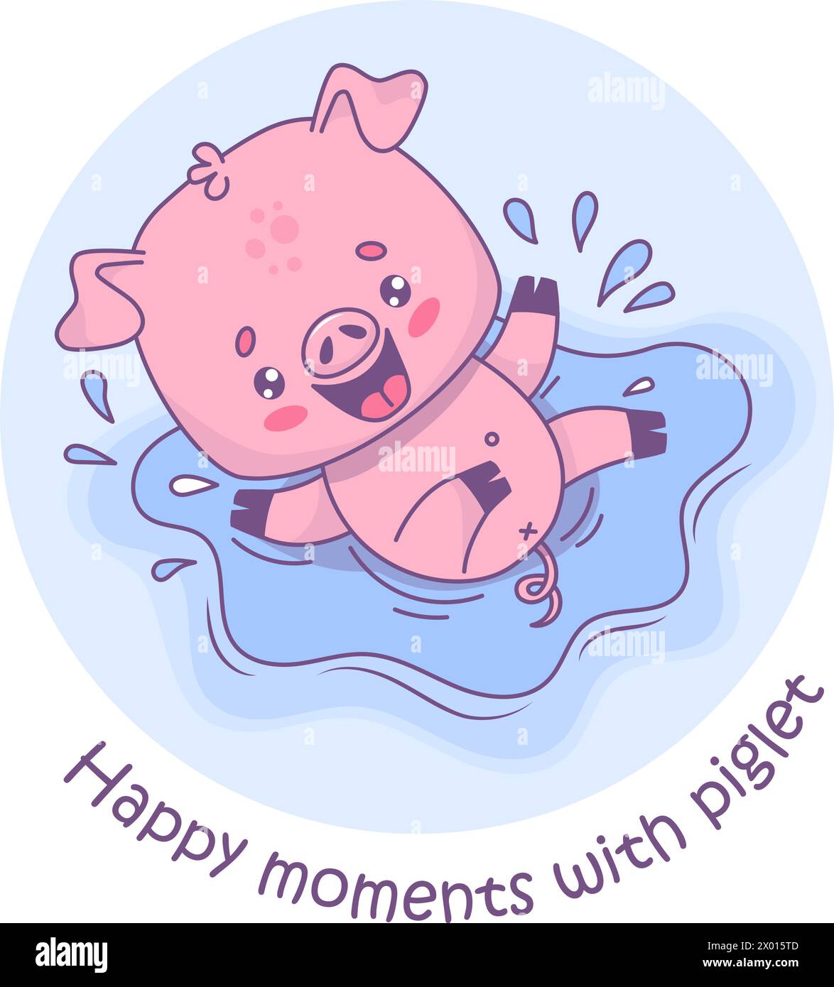 Happy smiling little pig splashing in puddle of water. Vector ...