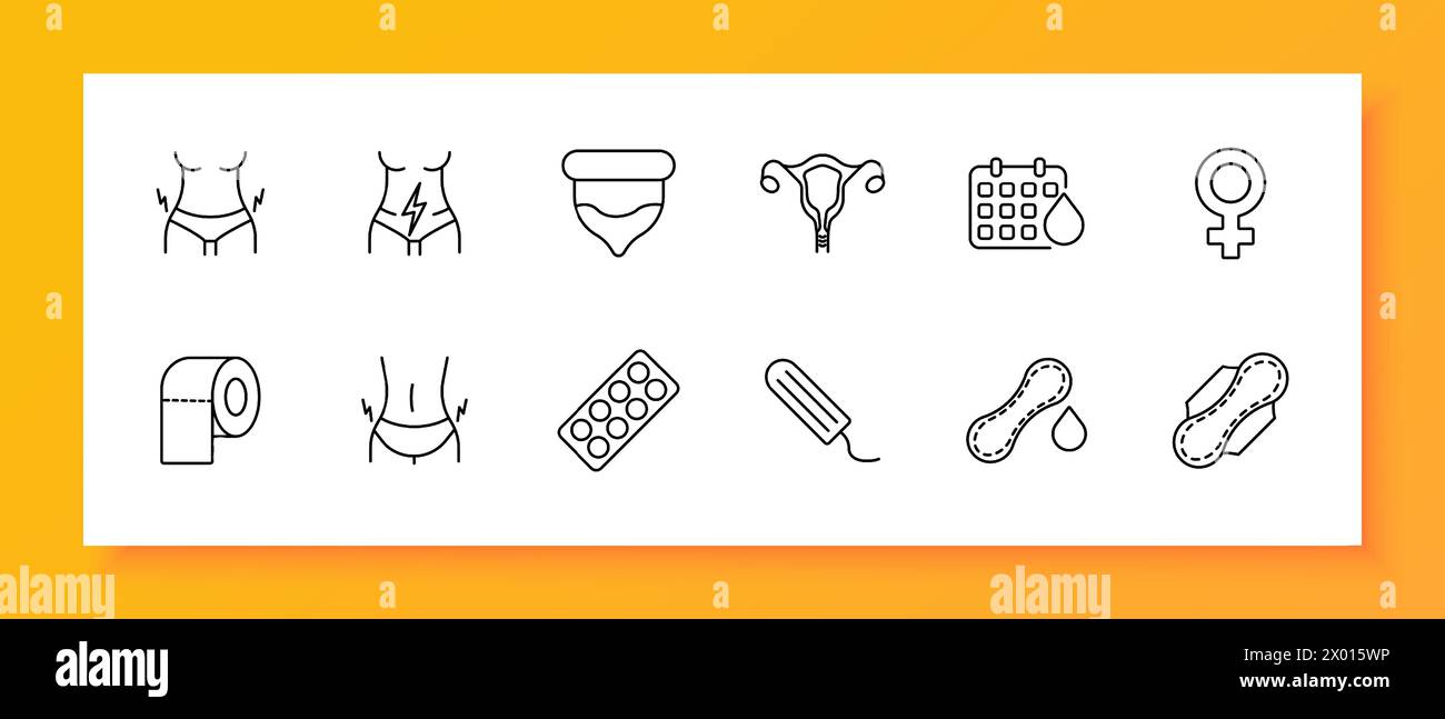 Menstruation set icon Condom, tampon, pad, pack of female gender pills ...