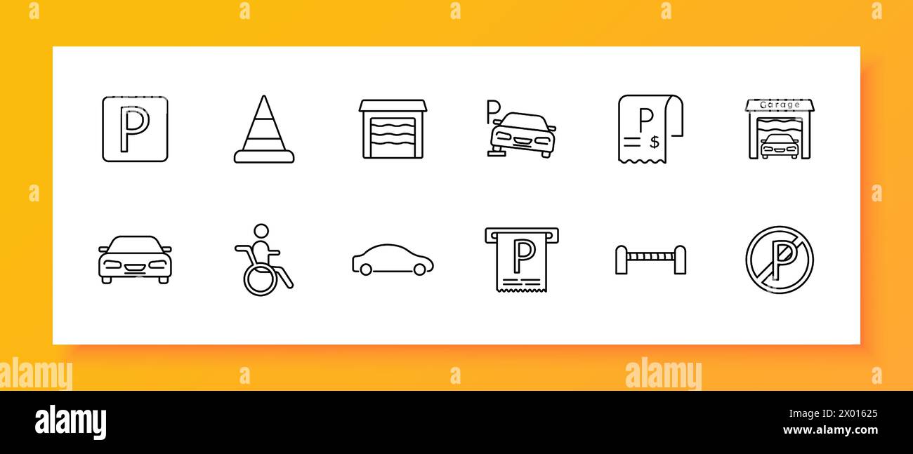 Tax, parking set icon Garage, check, invoice, machine, car, ban, fence ...