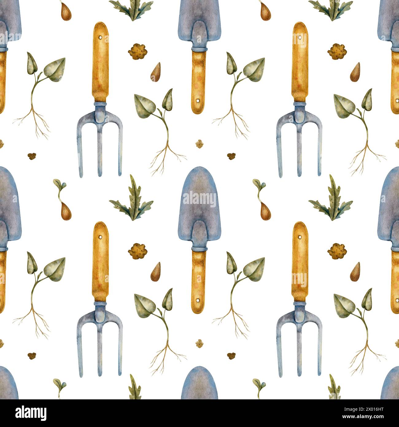 Seamless pattern of rustic garden tools. Watercolor illustration of ...
