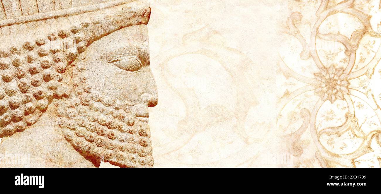 Grunge backdrop with bas-relief of face of assyrian warrior, Persepolis ...
