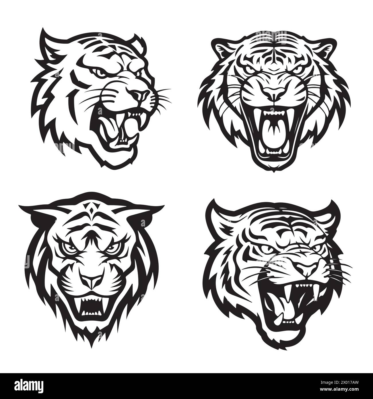 Set of tiger heads with open mouth and bared fangs, with different ...