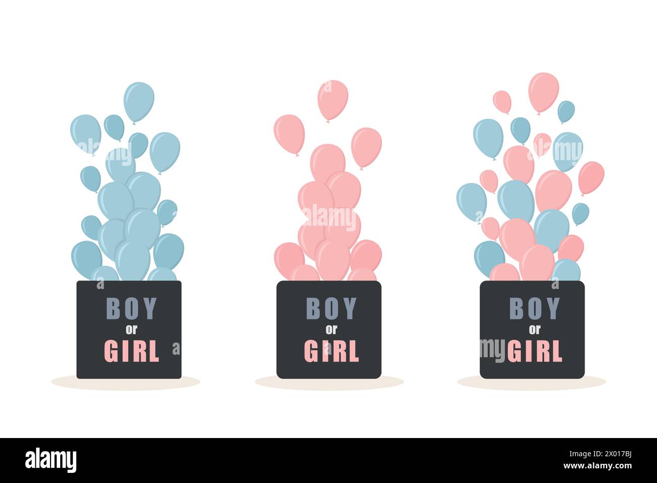 Gender reveal party. Its a girl. Its a boy. Its twins. Set of open ...
