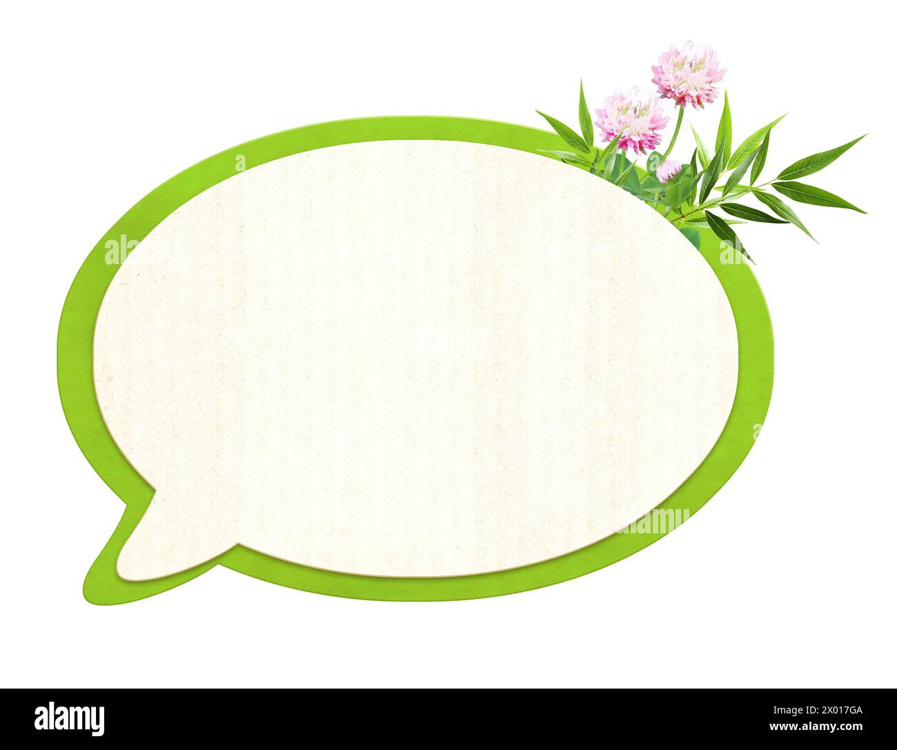 Comic speech bubble from recycled material, flower and leaves ...