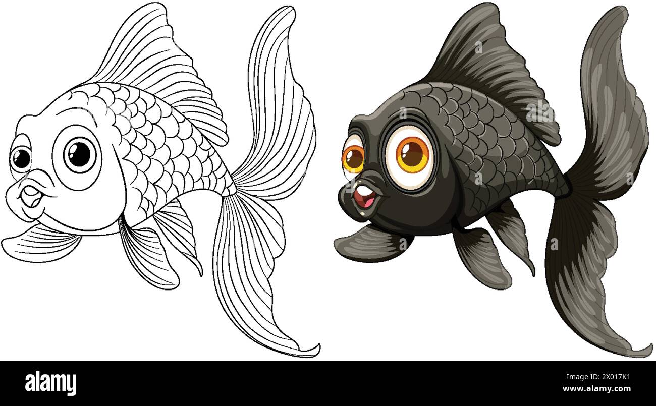 Vector illustration of a goldfish, black and white to color Stock ...