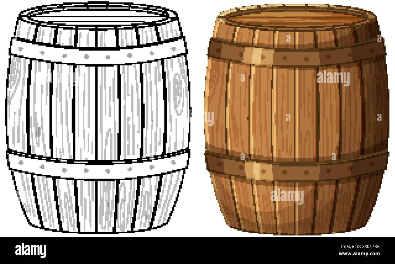 Two wooden barrels, one colored and one line art Stock Vector Image ...