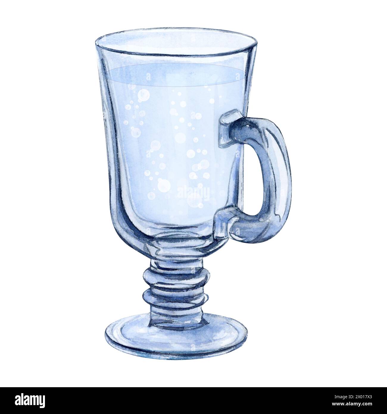 Glass cup water bubbles watercolor drawing. Glassware full transparent ...