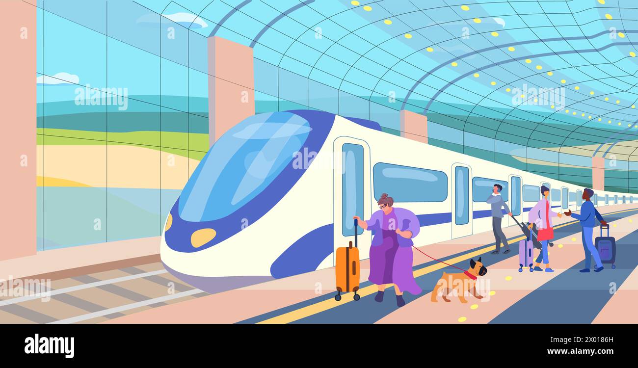 Railway. Metro station. Passenger carriages on a platform with people ...