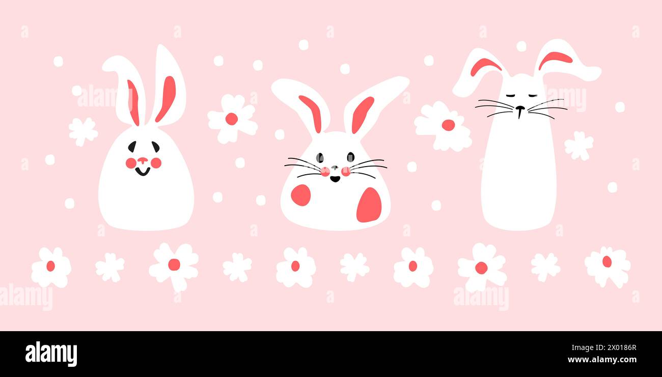 Set of cute white rabbits with flowers. Easter bunnies for printing on ...