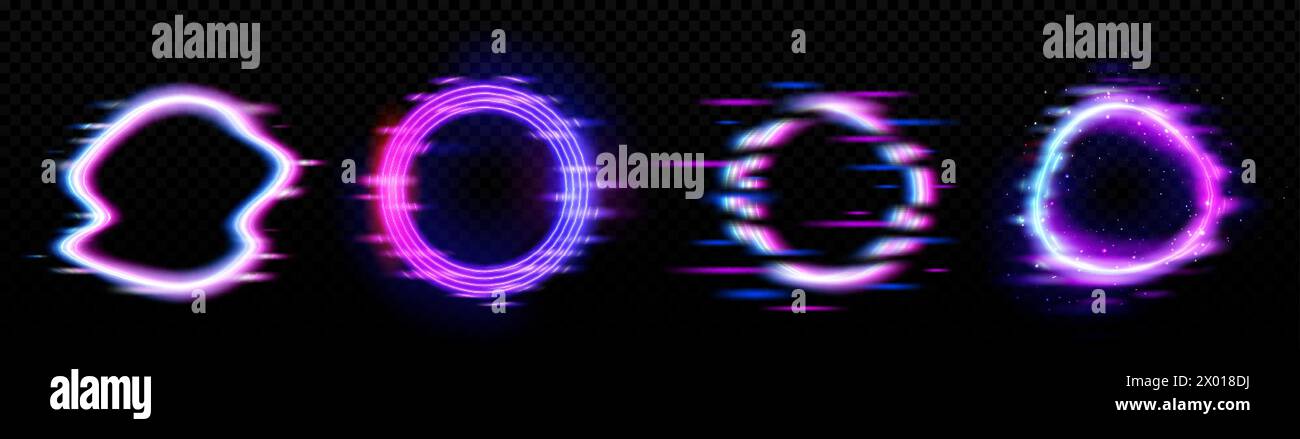 Neon glowing circle frame with glitch effect on black background ...