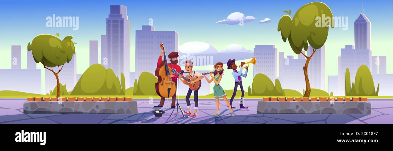 Street band performing in city park on summer day. Vector cartoon ...