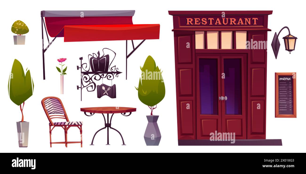 Restaurant outside elements set for relax and eating on veranda ...