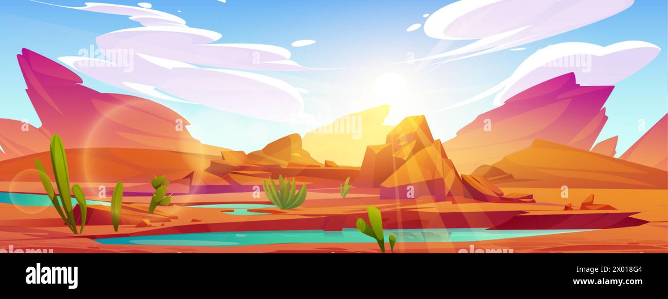 Desert sand landscape with oasis lake, rock cliff mountains and cactus ...