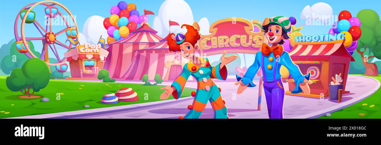 Fun clown, wheel and circus tent in carnival park illustration ...
