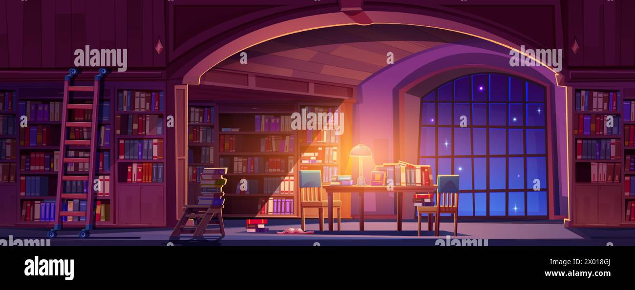 Old library interior at night. Vector cartoon illustration of dark room ...