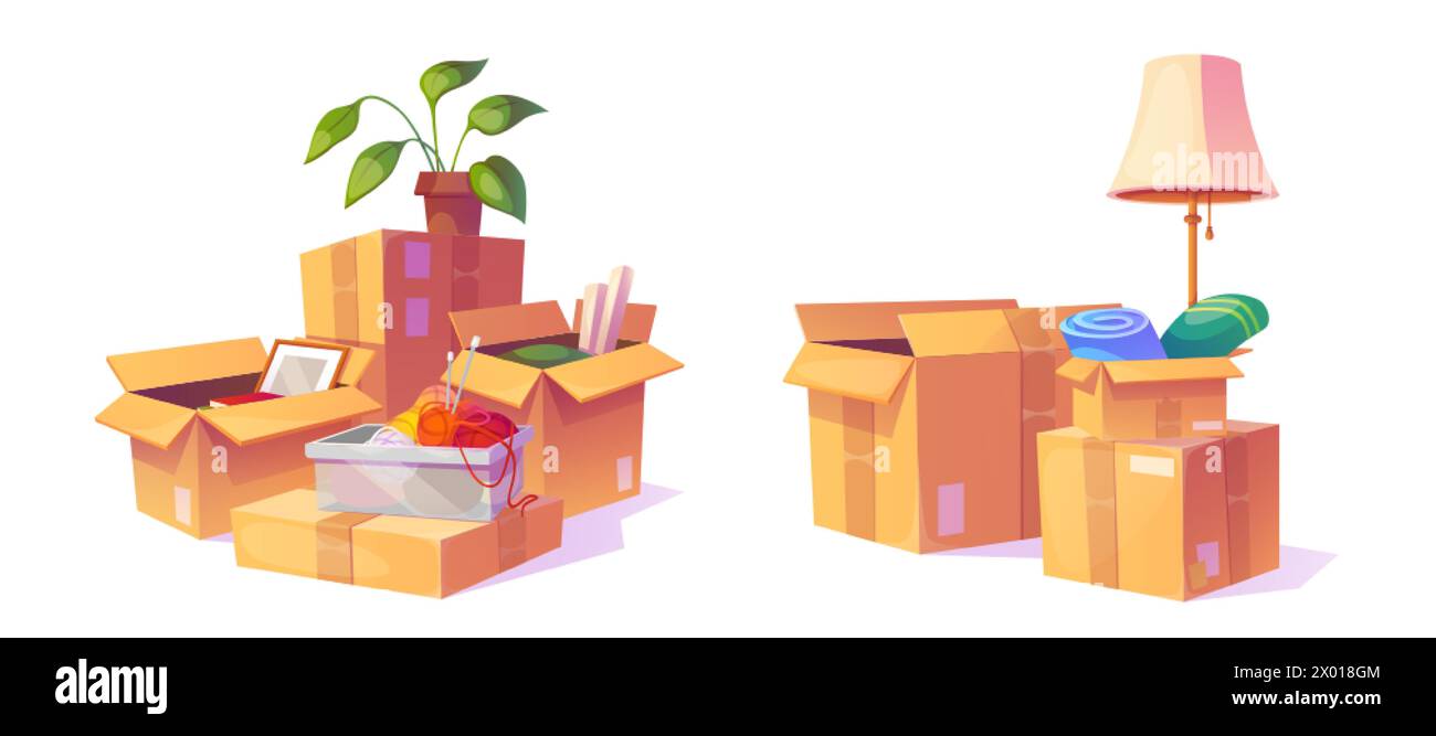 Packed cardboard boxes isolated on white background. Vector cartoon ...