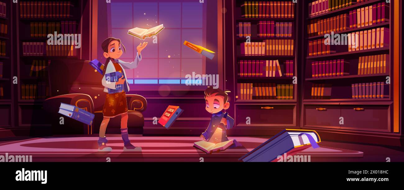 Girl kid in school magic library read book story illustration. Fantasy ...