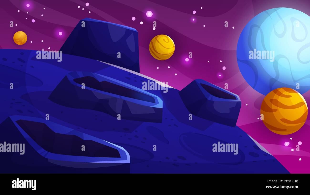 Alien planet surface with craters on background of deep cosmos sky with ...