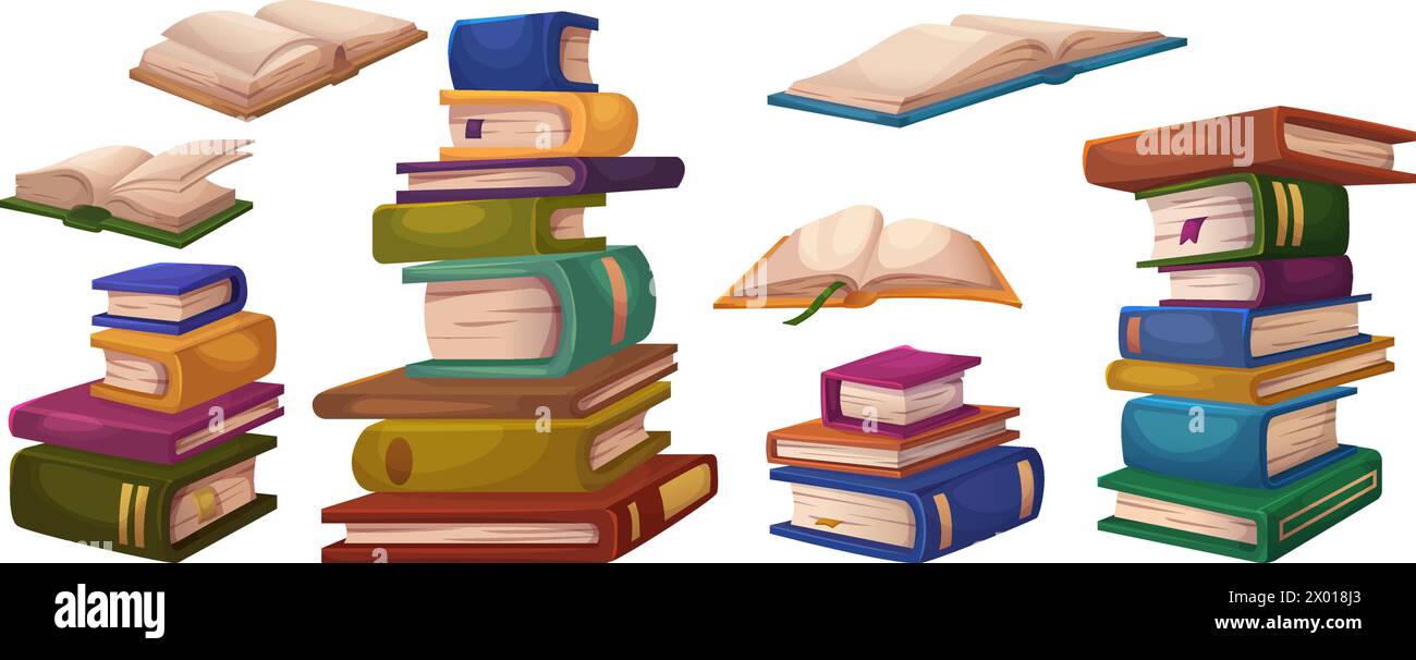 Book stack and single, closed and open in cartoon vector illustration ...
