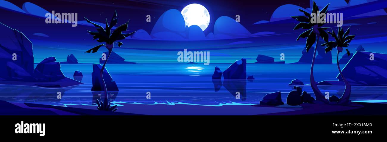 Night tropical beach landscape. Vector cartoon illustration of ocean ...