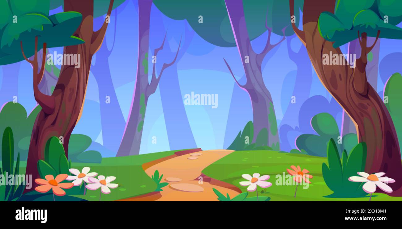 Footpath in summer forest with color flowers. Vector cartoon ...