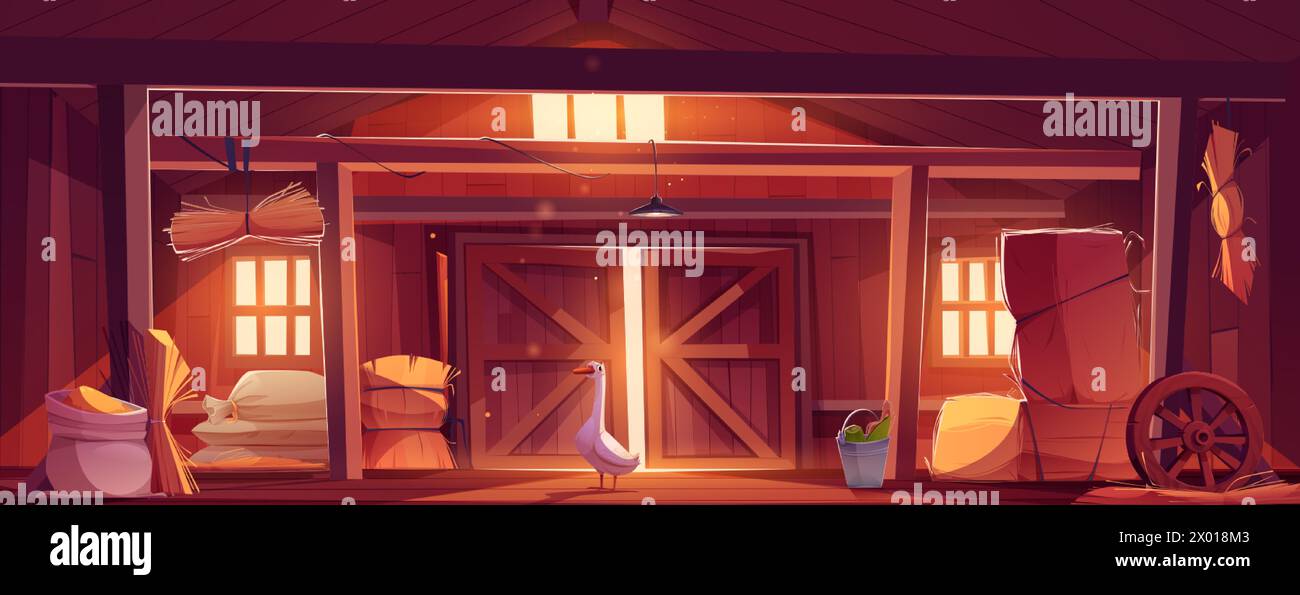 Farm barn interior design. Vector cartoon illustration of haystacks ...